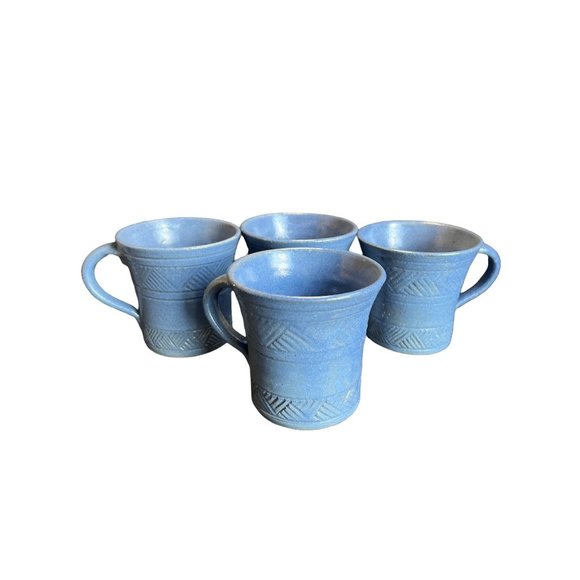 Dining | 4 Pottery Coffee Cups Mugs Blue Geometric Imprinted Design ...